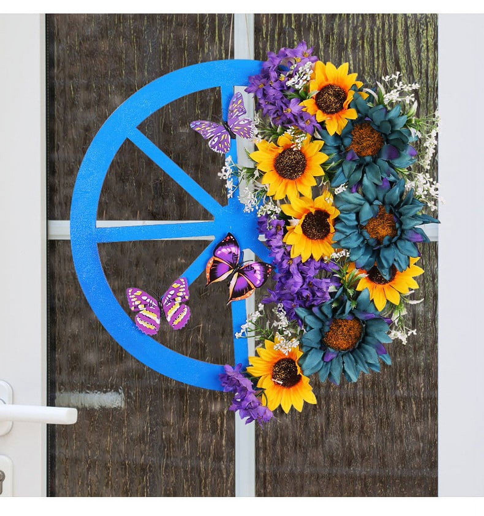 QTOCIO Home Decor, Blue Sunflower Wheel Wreath Simulation Flower Door ...