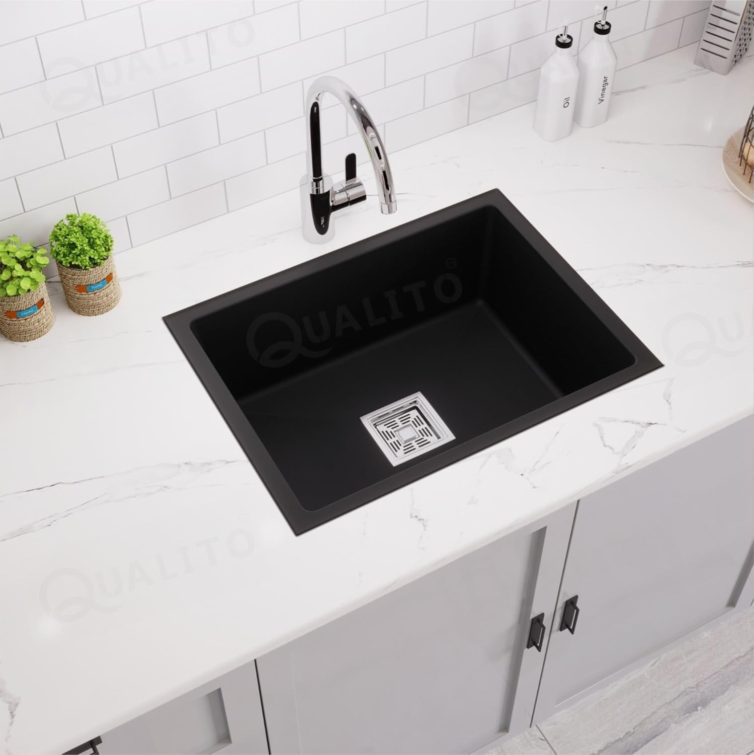 QUALITO 21x18X9 Black Quartz Kitchen Sink Easy to Clean Sound Proof ...