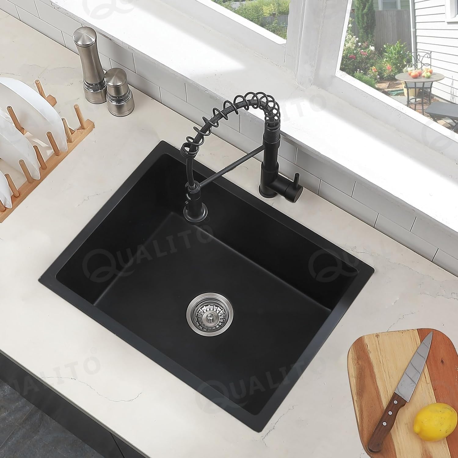 QUALITO 24x18 Quartz Kitchen Sink Black Color With Waste Coupling Waste ...
