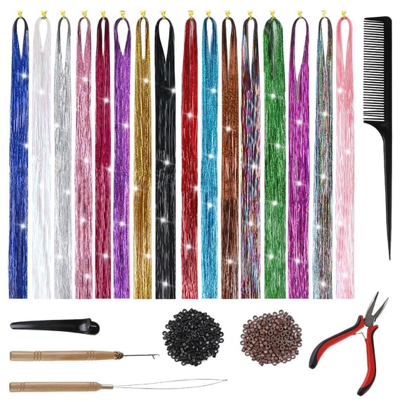 FGY Hair Tinsel Kit with Tool - 16 Colors, 3200 Strands - Sparkling ...