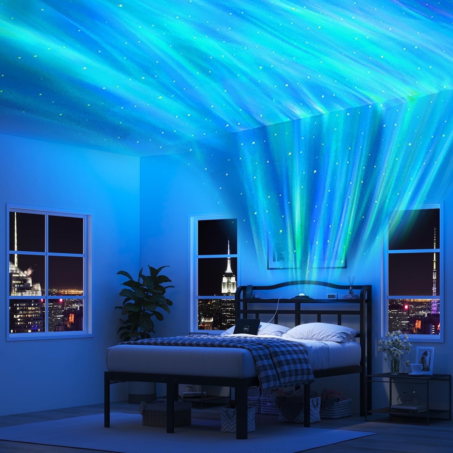 QUEEN，14 Inch High metal Bed Frame，With Galaxy Aurora Star Projector ...