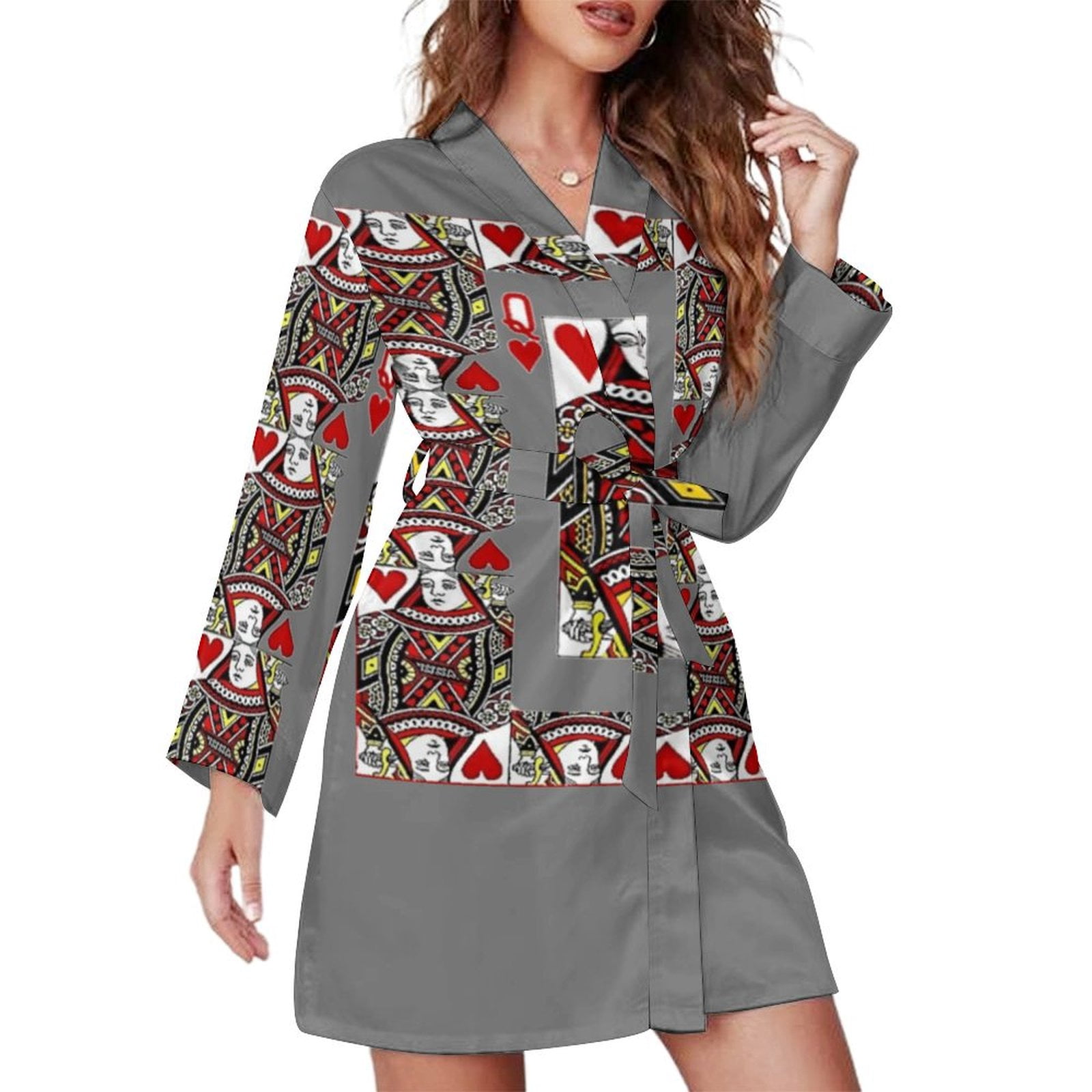 QUEEN OF HEARTS PLAYING CARDS ARTWORK GREY Night Robe Long Sleeve V ...