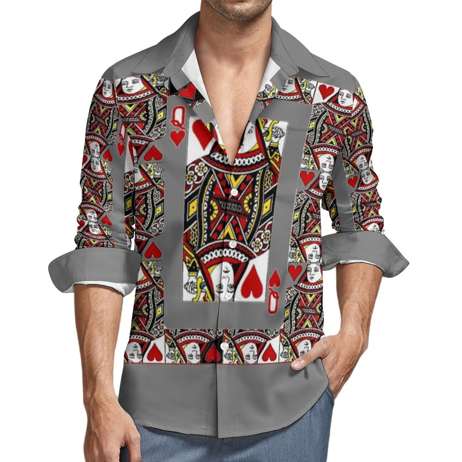 QUEEN OF HEARTS PLAYING CARDS ARTWORK Hawaiian Shirt for Men Long ...