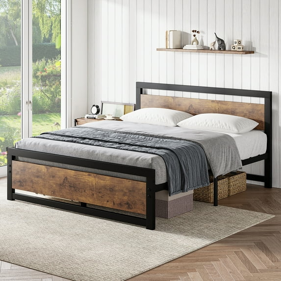 QUEEN Size Bed Frame with Wood Headboard, Industrial Full Platform Bed ...