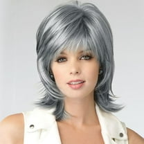 QUEENTAS Grey Wigs with Bangs Synthetic Short Wigs for Black Women Layered Gray Old Lady Wig ...