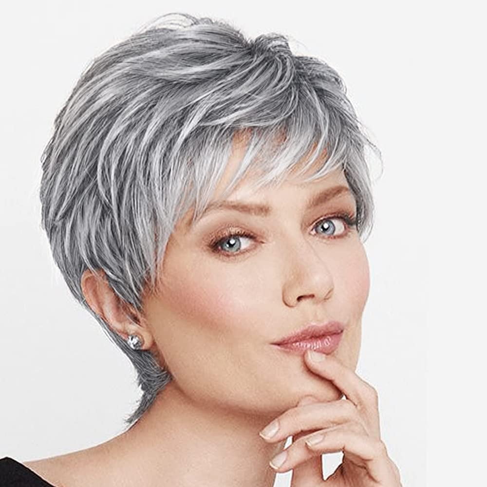 "QUEENTAS Short Grey Pixie Cut Wigs, Synthetic Layered Wig with Bangs ...