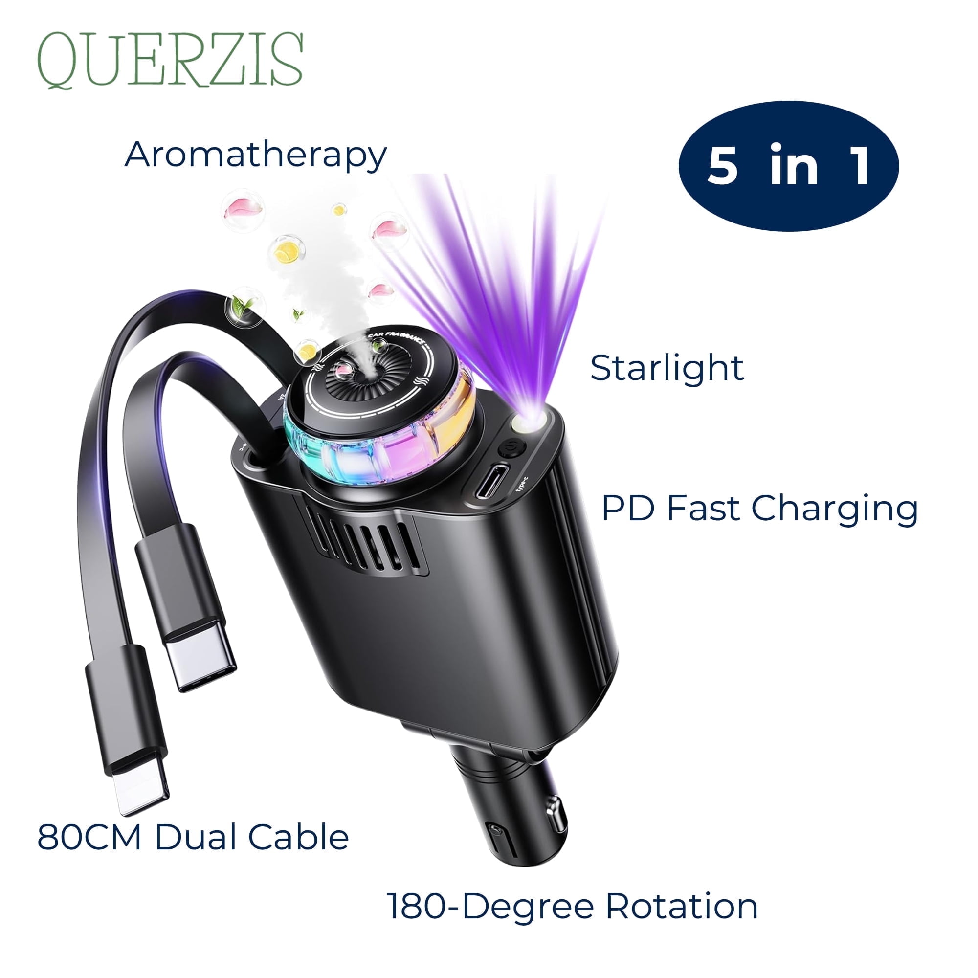 QUERZIS 5-in-1 Retractable Car Charger with Starlight & Aroma Diffuser ...