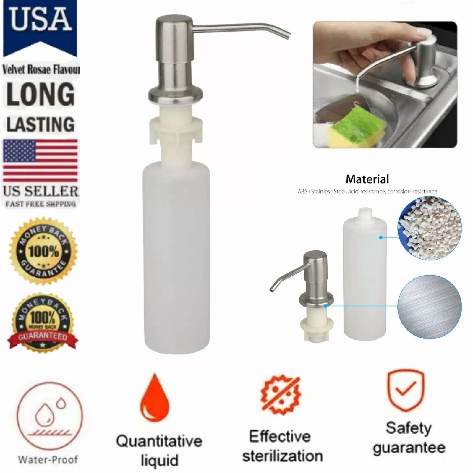 QUEST- 360° Sink Soap Dispenser Stainless Steel Kitchen Hands Liquid Pump &Bottle 300Ml ...