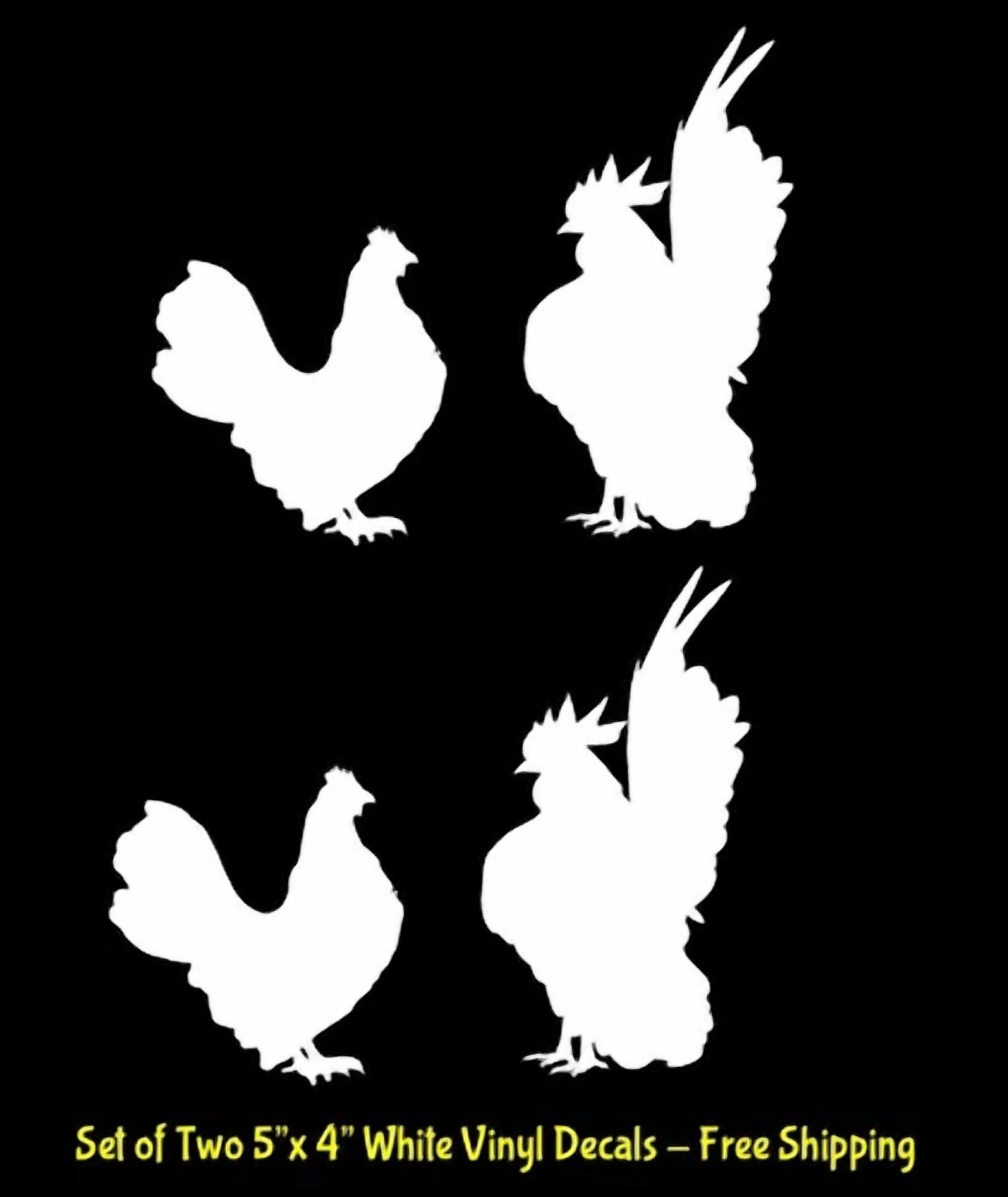 QUEST- Hen & Rooster Chickens Two 5" White Vinyl Decals Car Truck ...