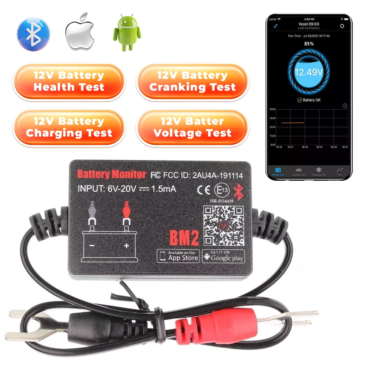QUICKLYNKS BM2 Bluetooth 12V Battery Monitor Car Battery Analyzer Test ...