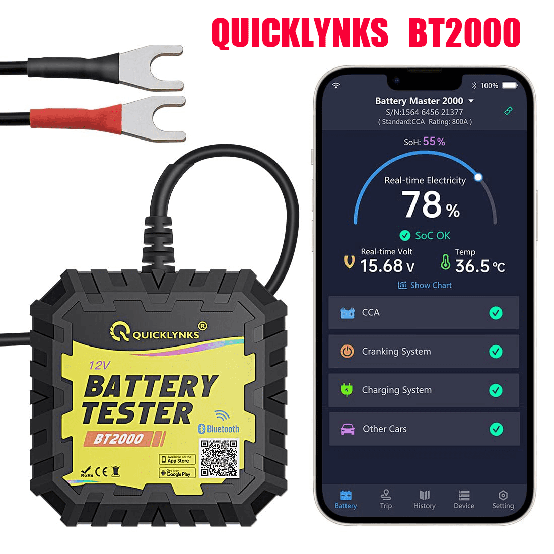 QUICKLYNKS BT2000 Bluetooth Battery Monitor 12V Automotive Battery Load ...