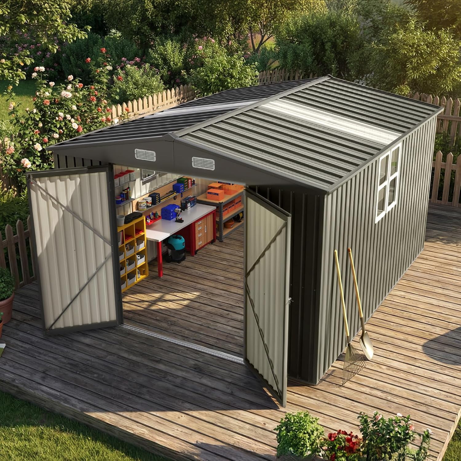 Quictent 10x12 FT Metal Storage Shed, Outdoor Workshop with Skylight ...