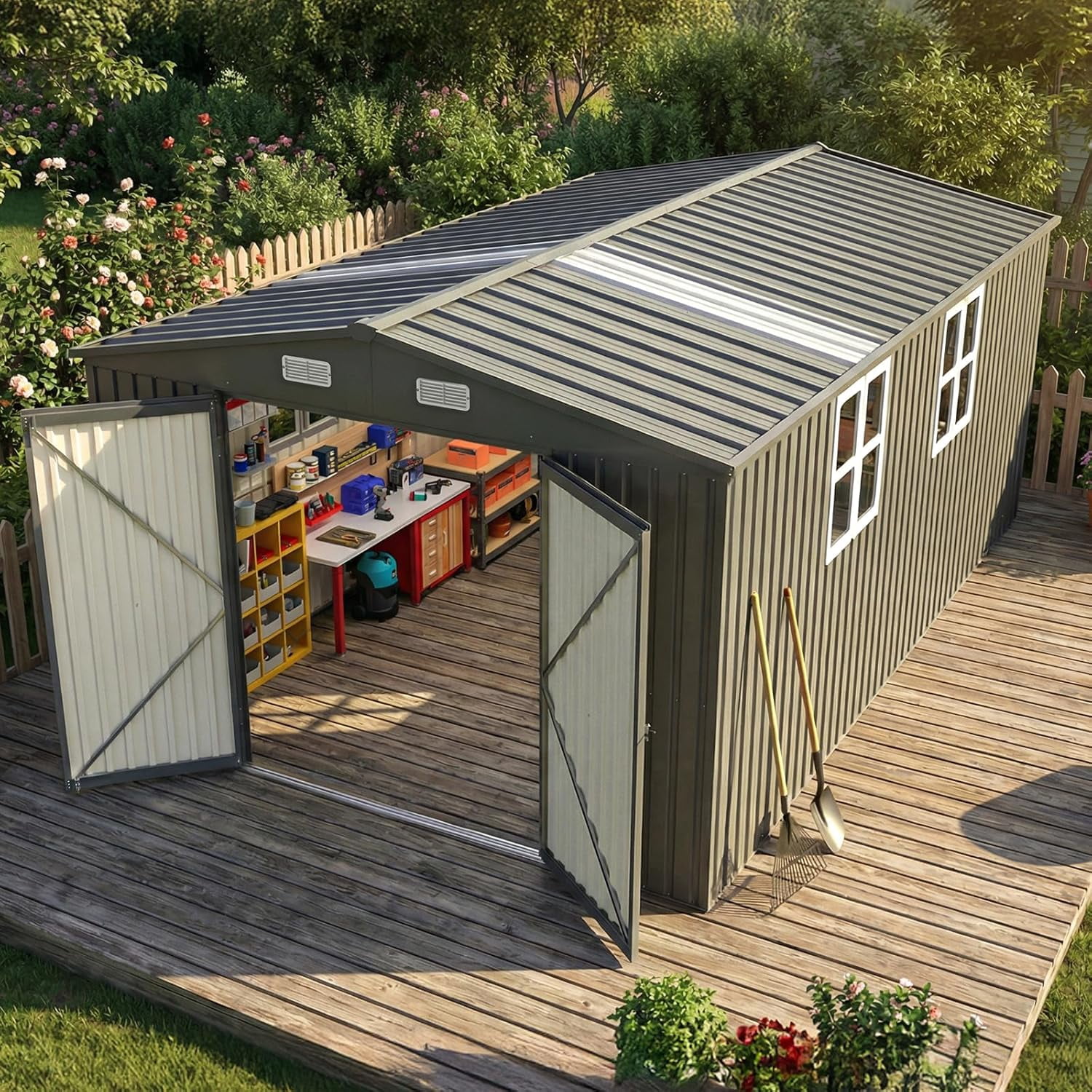 Quictent 10x16 FT Metal Storage Shed, Outdoor Workshop with Skylight ...