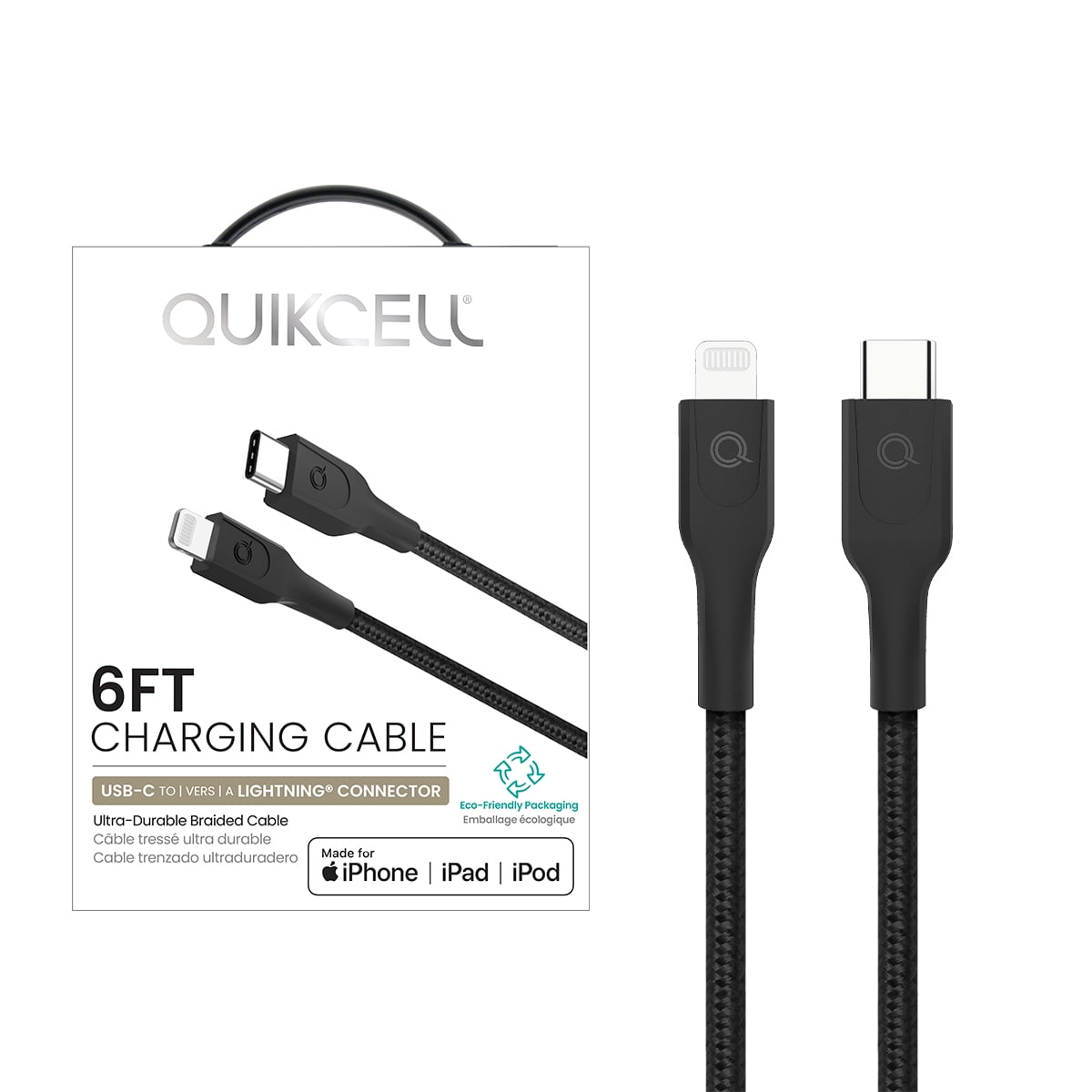 Quikcell 6Ft Braided USB-C to Lightning 8-Pin Charging Cable - Black ...