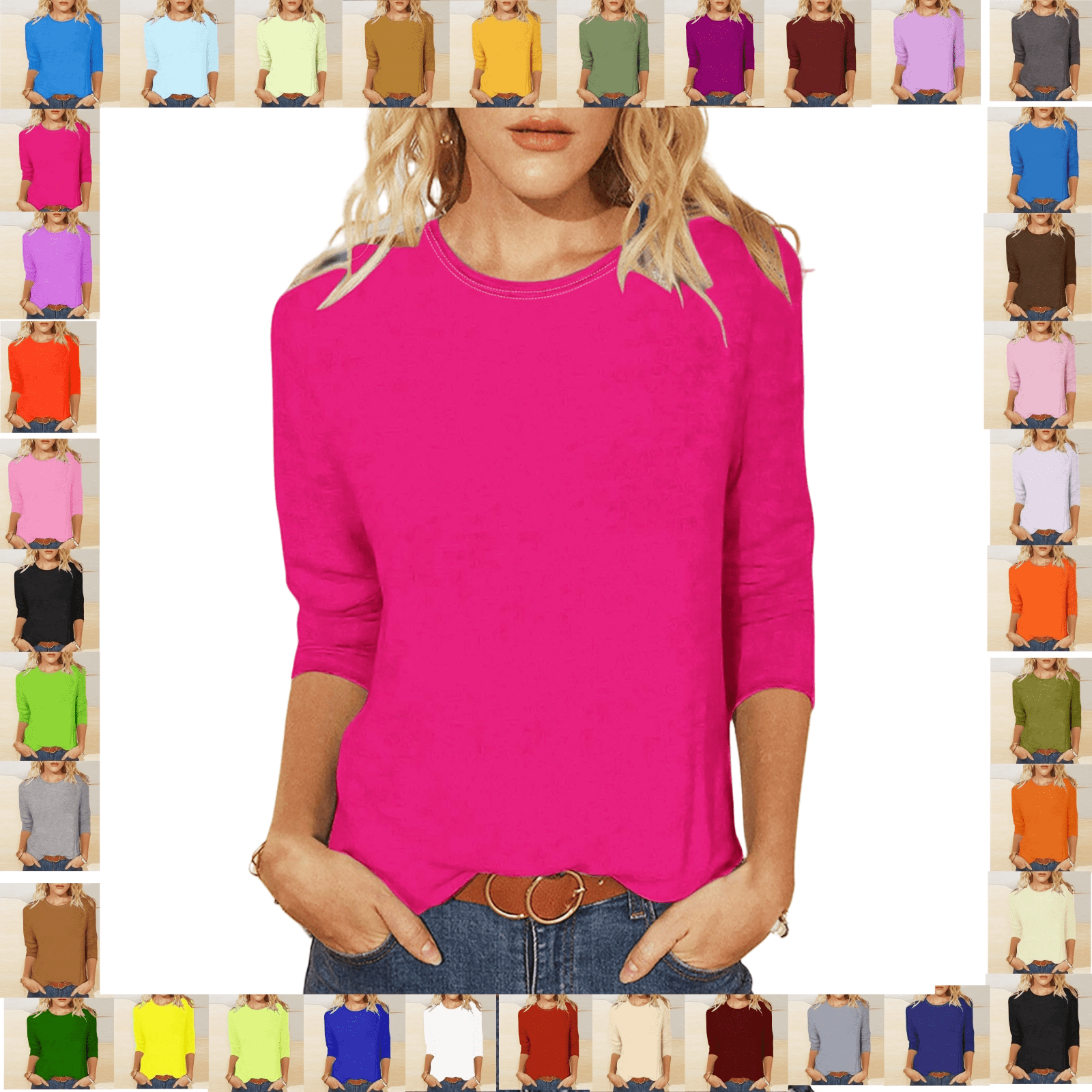 QUINDOS 3/4 Sleeve Tee Shirts for Women Summer Pink Tops for Women Crew ...