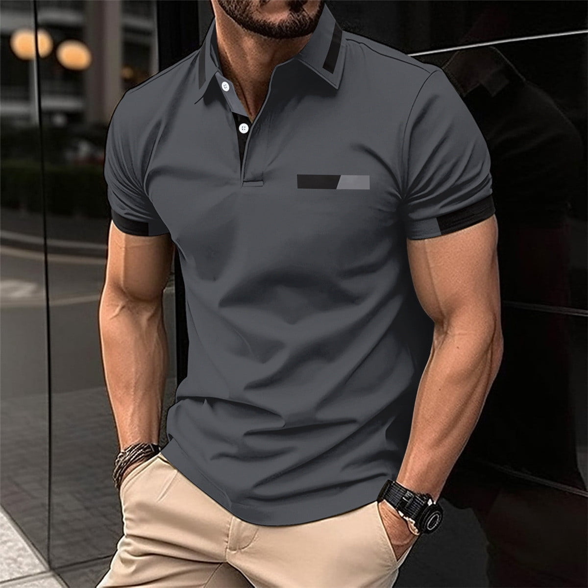 QUINDOS Casual Mens Shirts Collared Polo Short Sleeve Shirts Moisture ...