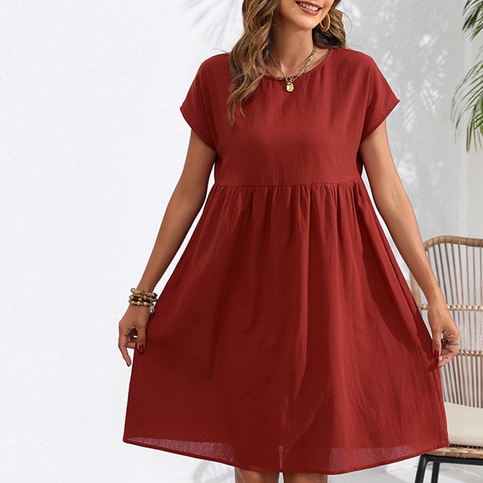 QUINDOS Dresses for Women 2025 Crew Neck Casual Short Sleeve Sundress ...