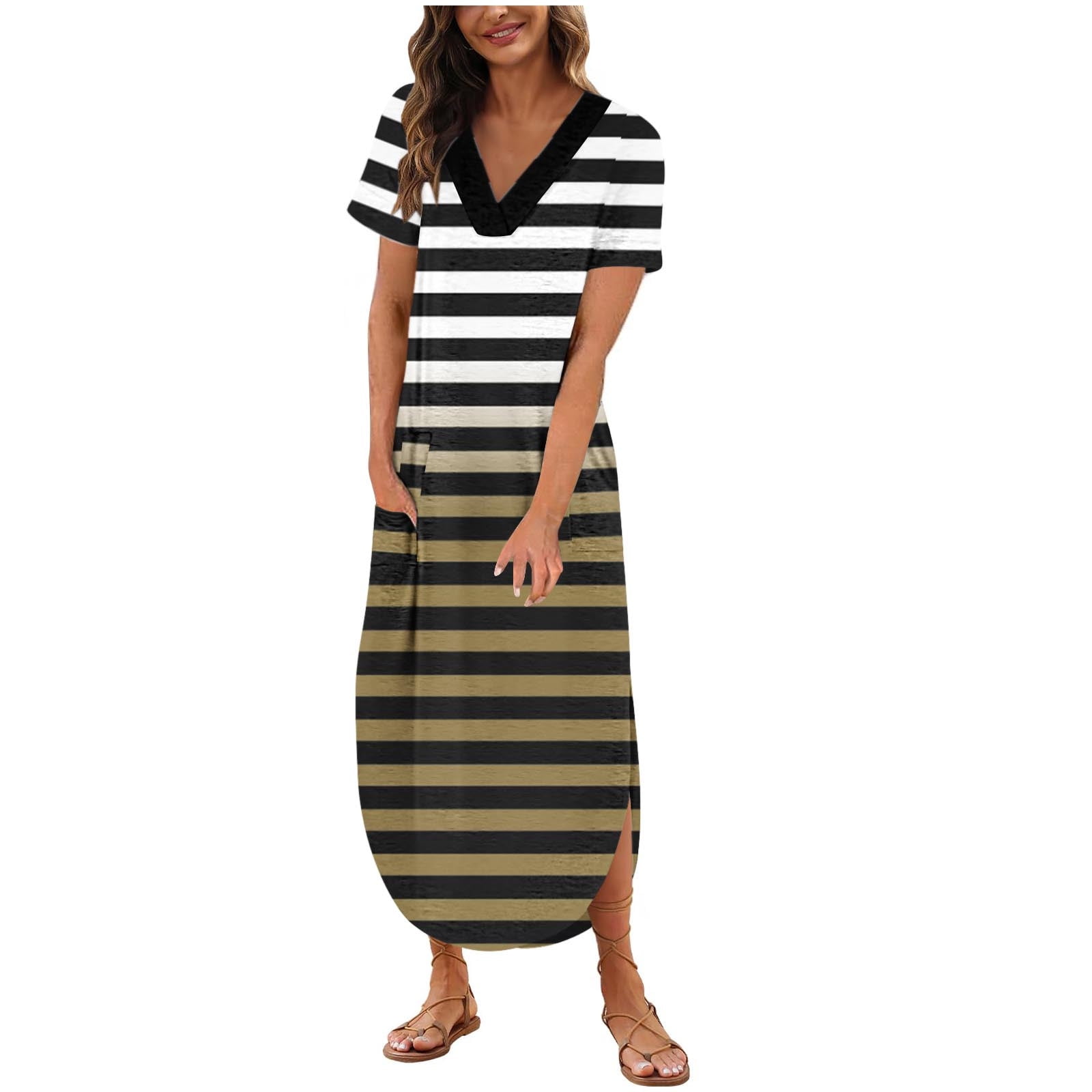 QUINDOS Dresses for Women 2025 Short Sleeve Casual V-neck Sundress Sun ...