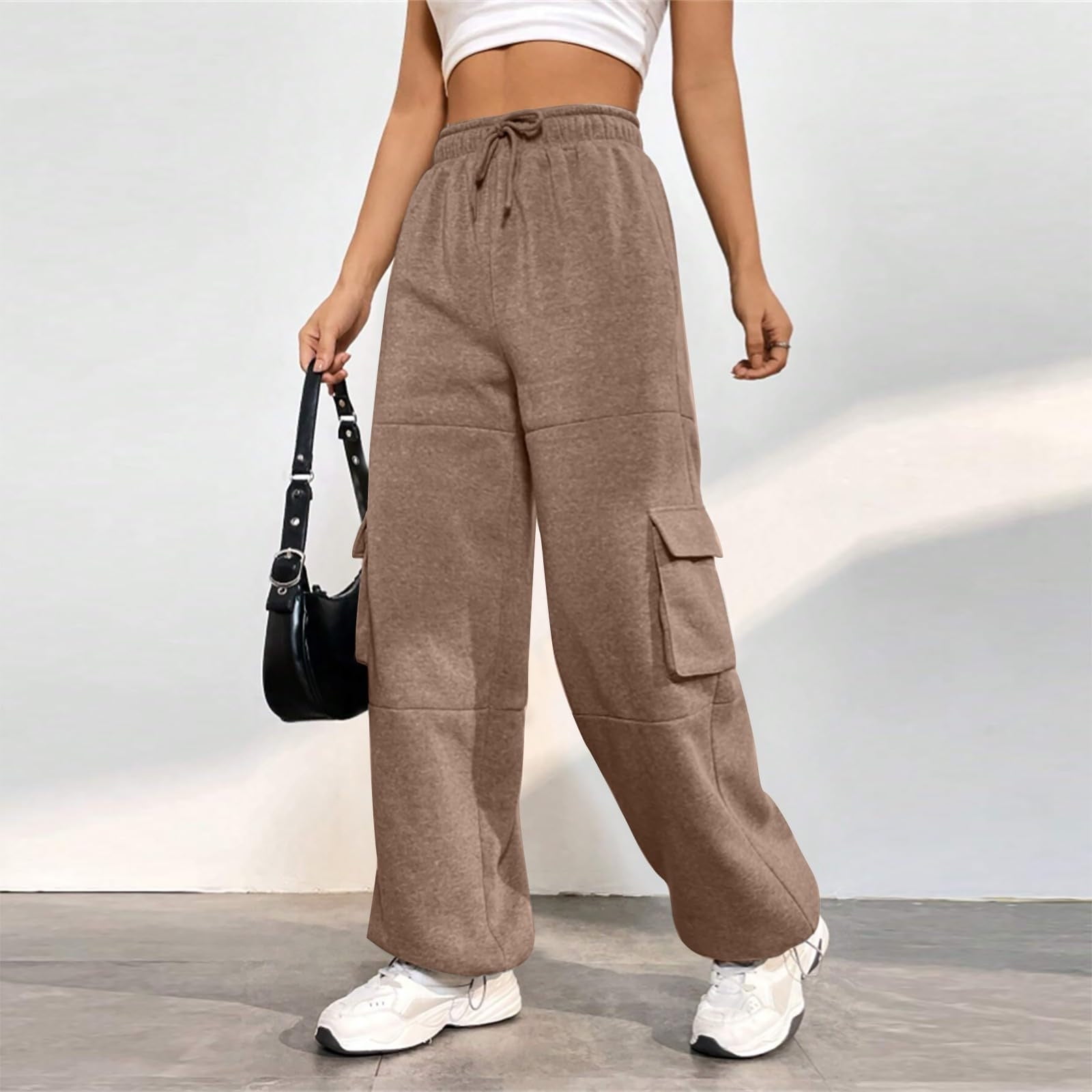 QUINDOS Long Cargo Pants for Women with Pockets Khaki Straight Leg High ...