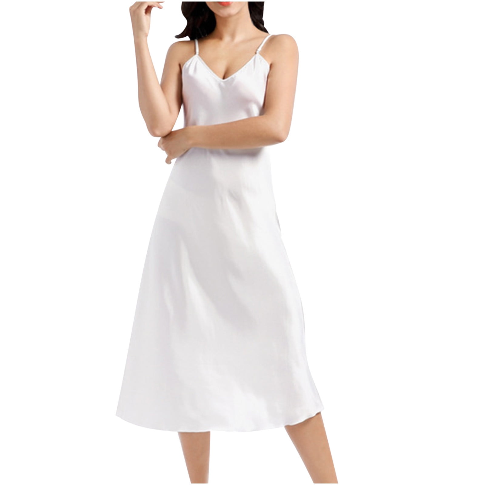 QUINDOS Satin Pajama for Women Silk Long Nightgowns for Women Knee Length Midi Suspenders Casual ...