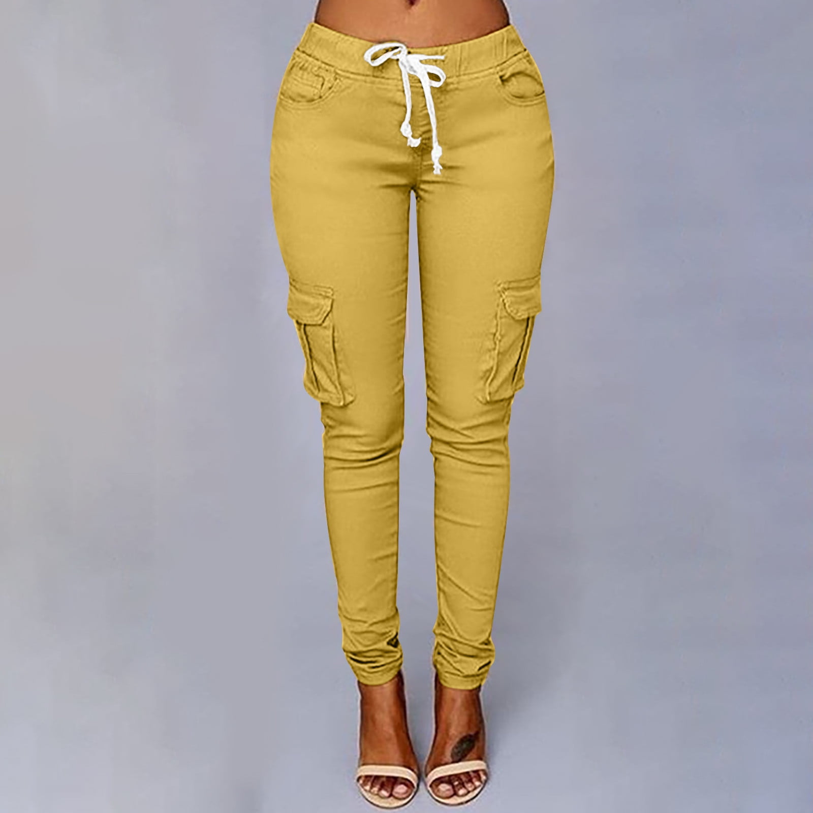 QUINDOS Slim Leg Womens Plus Size Cargo Pants High Waisted Long Khaki ...