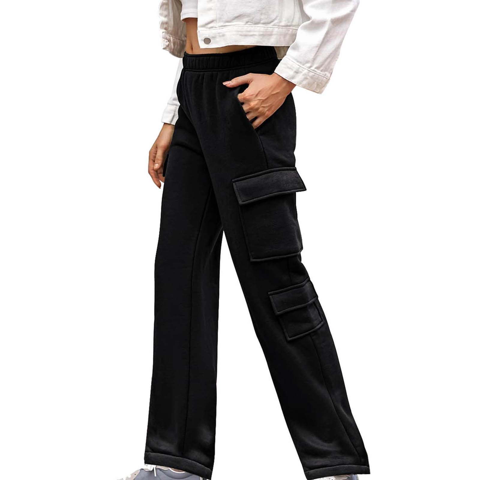 QUINDOS Straight Leg Womens Plus Size Cargo Pants High Waisted Black ...