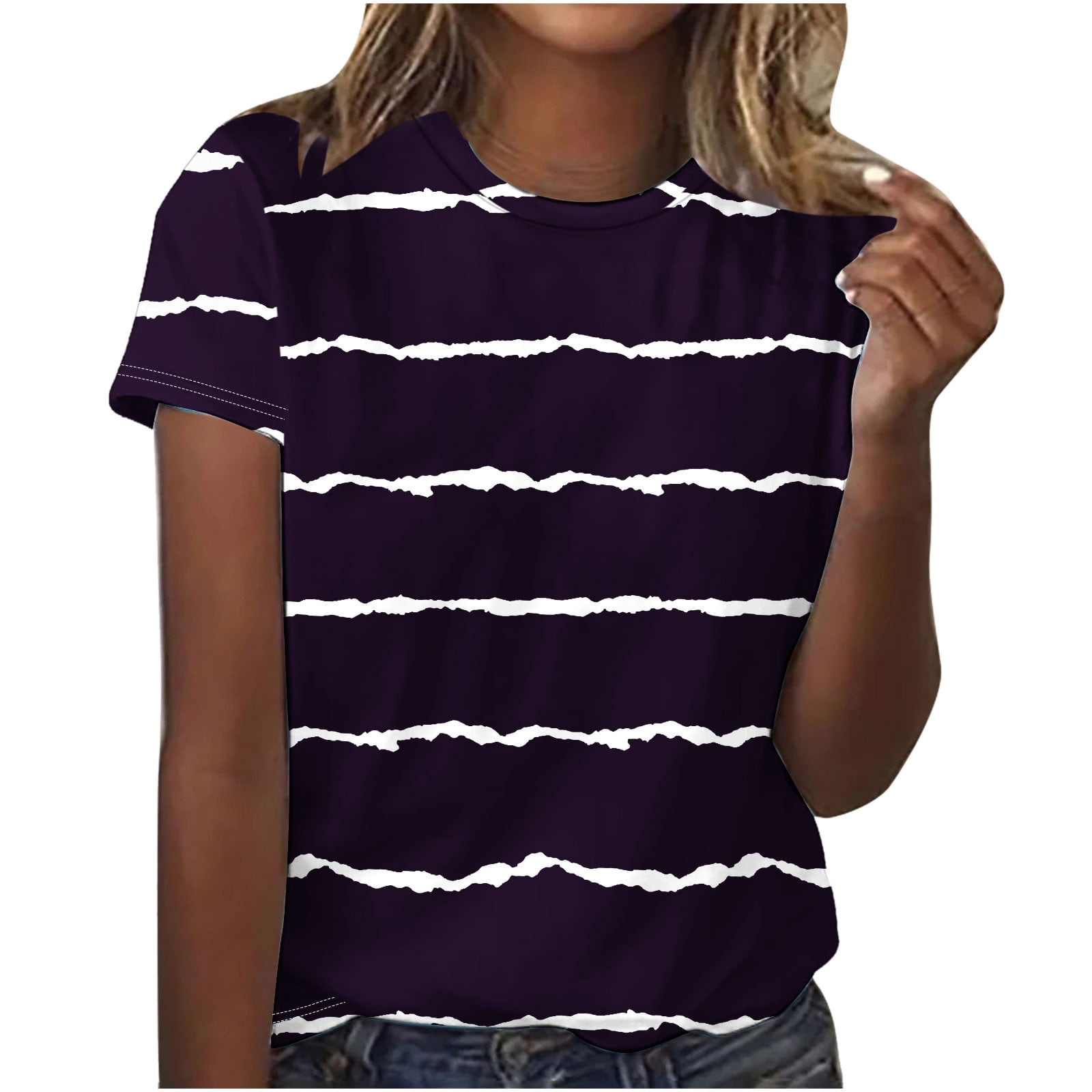 QUINDOS Striped Women T Shirts Summer Short Sleeve Purple Plus Size ...