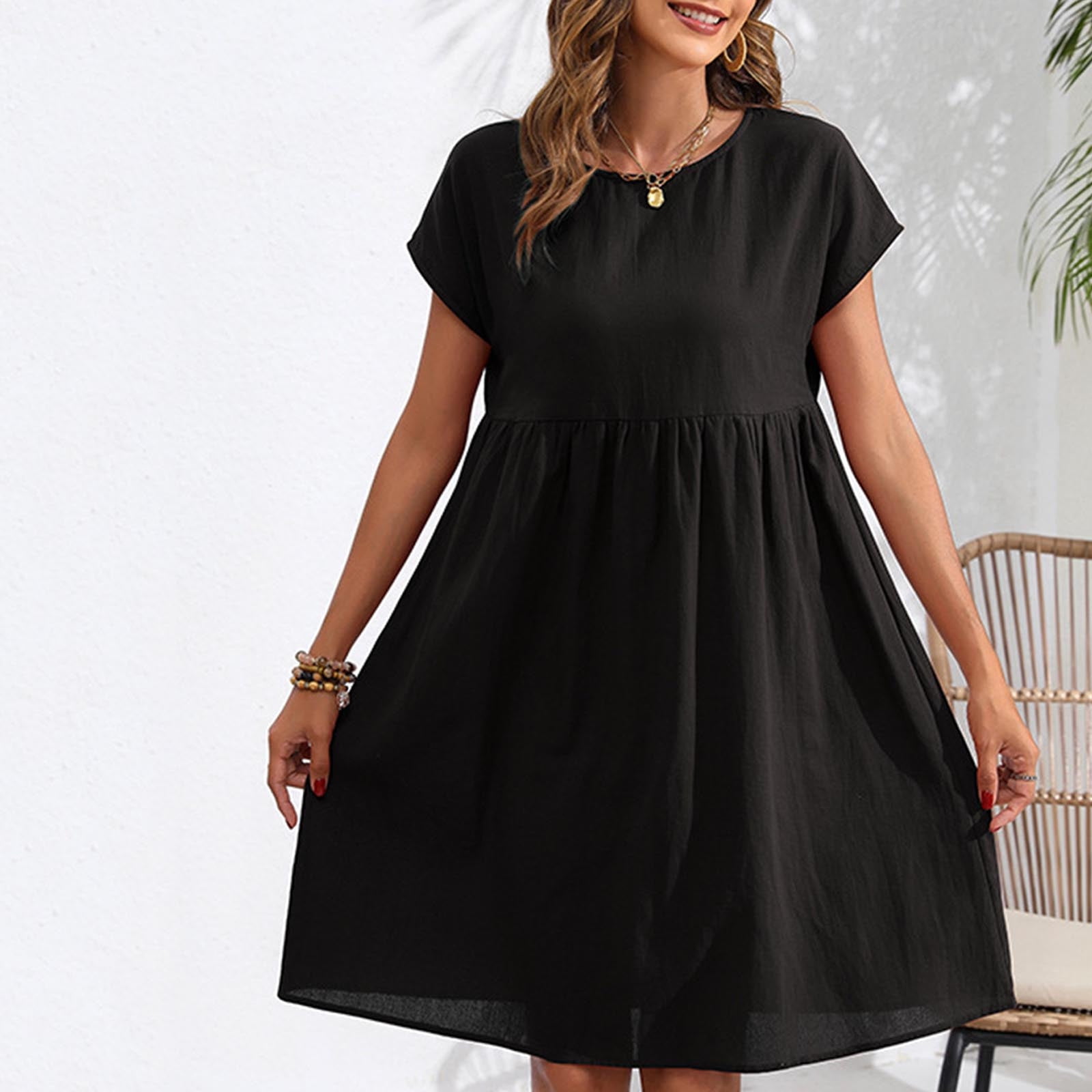 QUINDOS Summer Dresses for Women Short Sleeve Sundress Crew Neck Casual ...