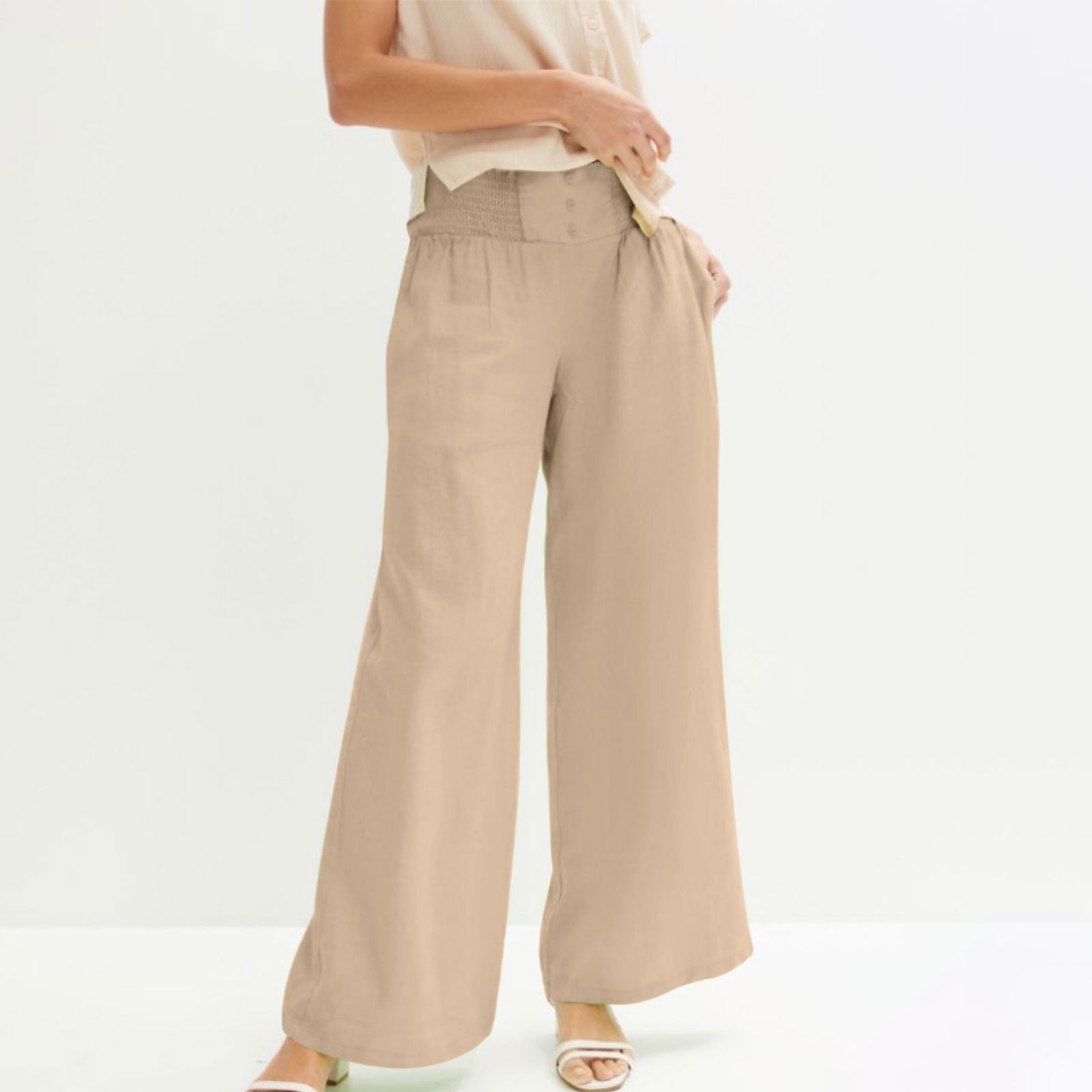 QUINDOS Wide Leg Women Pants Casual Long High Waisted Trousers Cotton ...
