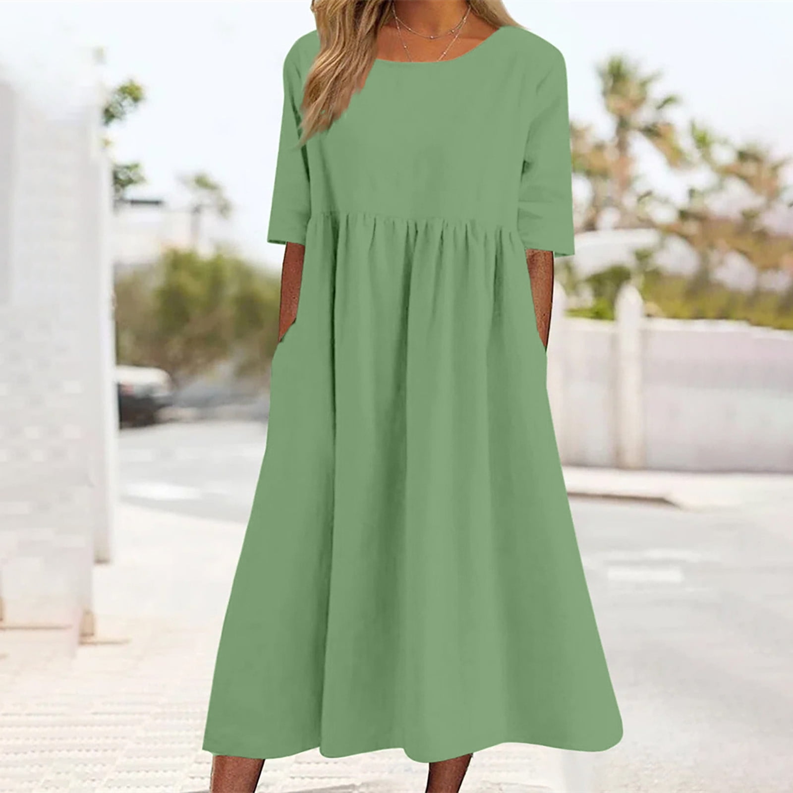 QUINDOS Womens Dresses 2025 Crew Neck Sundress Short Sleeve Casual Plus Size Dresses Summer ...