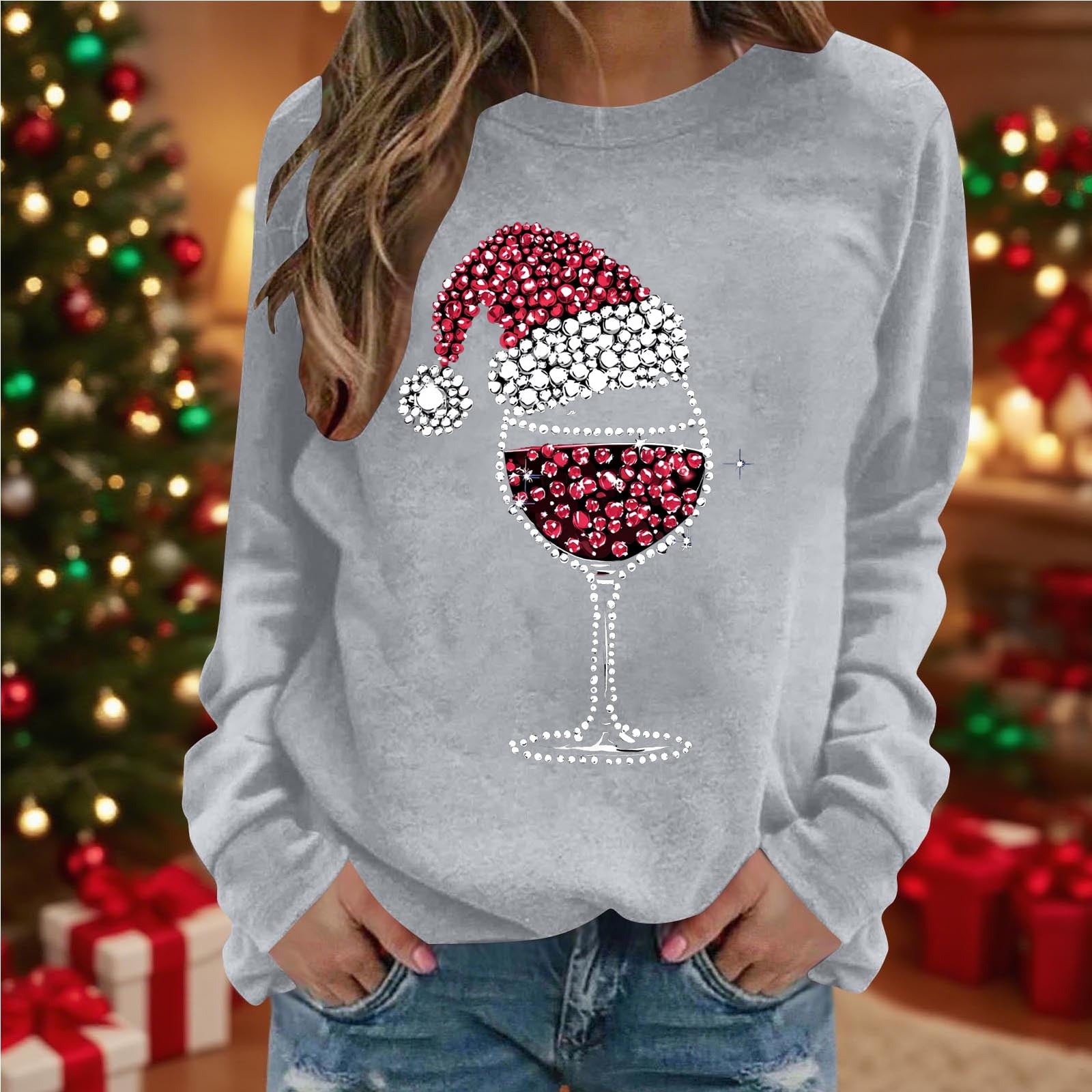 QUINDOS Womens Tops Christmas Plus Size Long Sleeve Graphic Vacation ...