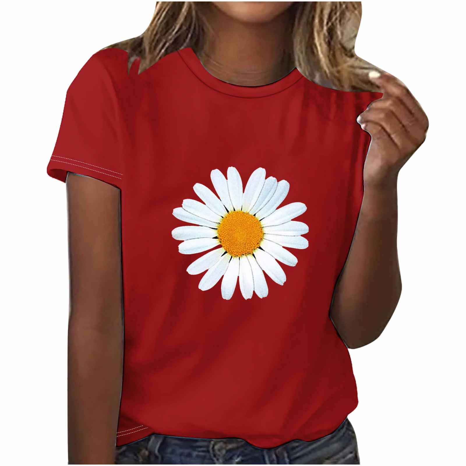 QUINDOS Womens Tops Casual Comfy Sunflower Graphic Short Sleeve Crew ...