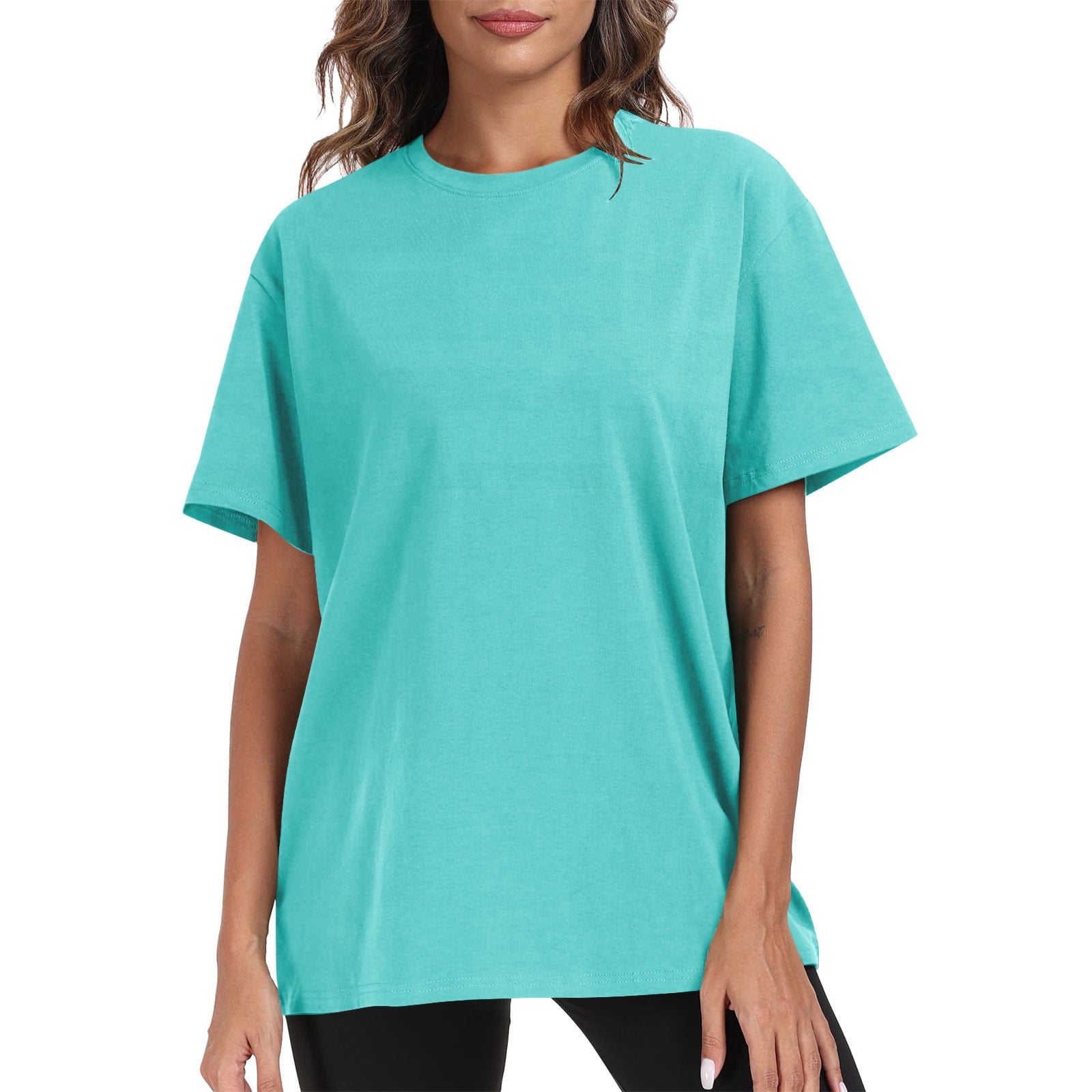 QUINDOS Womens Tops Cotton Casual Summer Short Sleeve Shirts Crew Neck Solid Color T shirt ...
