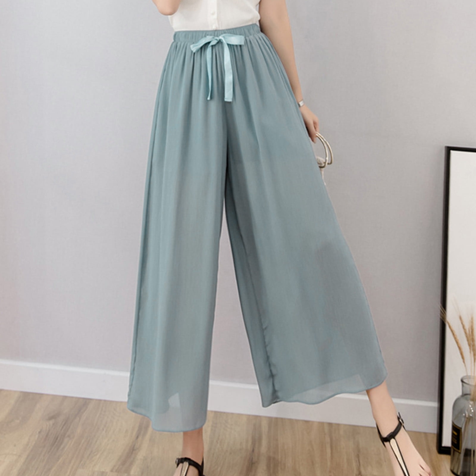 QUINDOS Womens Wide Leg Pants High Waisted Long Casual Skirt Pants Plus ...