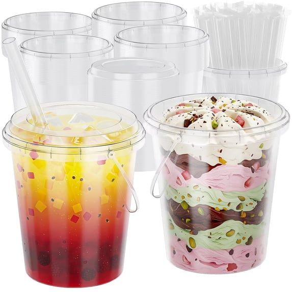 QUIOCOZY 100 Sets Clear Plastic Buckets with Lids and Straws, 32 Oz ...