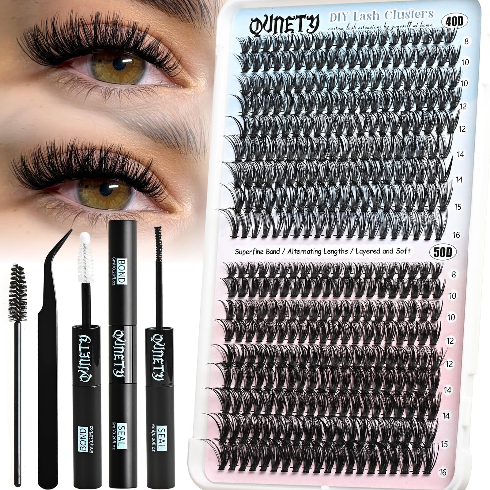 QUNETY Lash Clusters Kit SSF20 360 Clusters Lash Kit 40D+50D DIY Eyelash Extensions Kits C curl ...