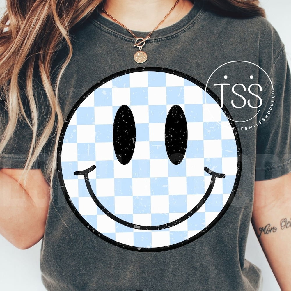 QUNHSHIRT Retro Checkered Smile Face Shirt blue checkers smile ...