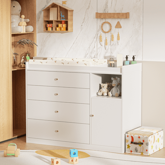 QUNTTINA 45.3'' Modern Solid Wood Changing Table Dresser with 4 Long Drawers and a Door, Baby ...