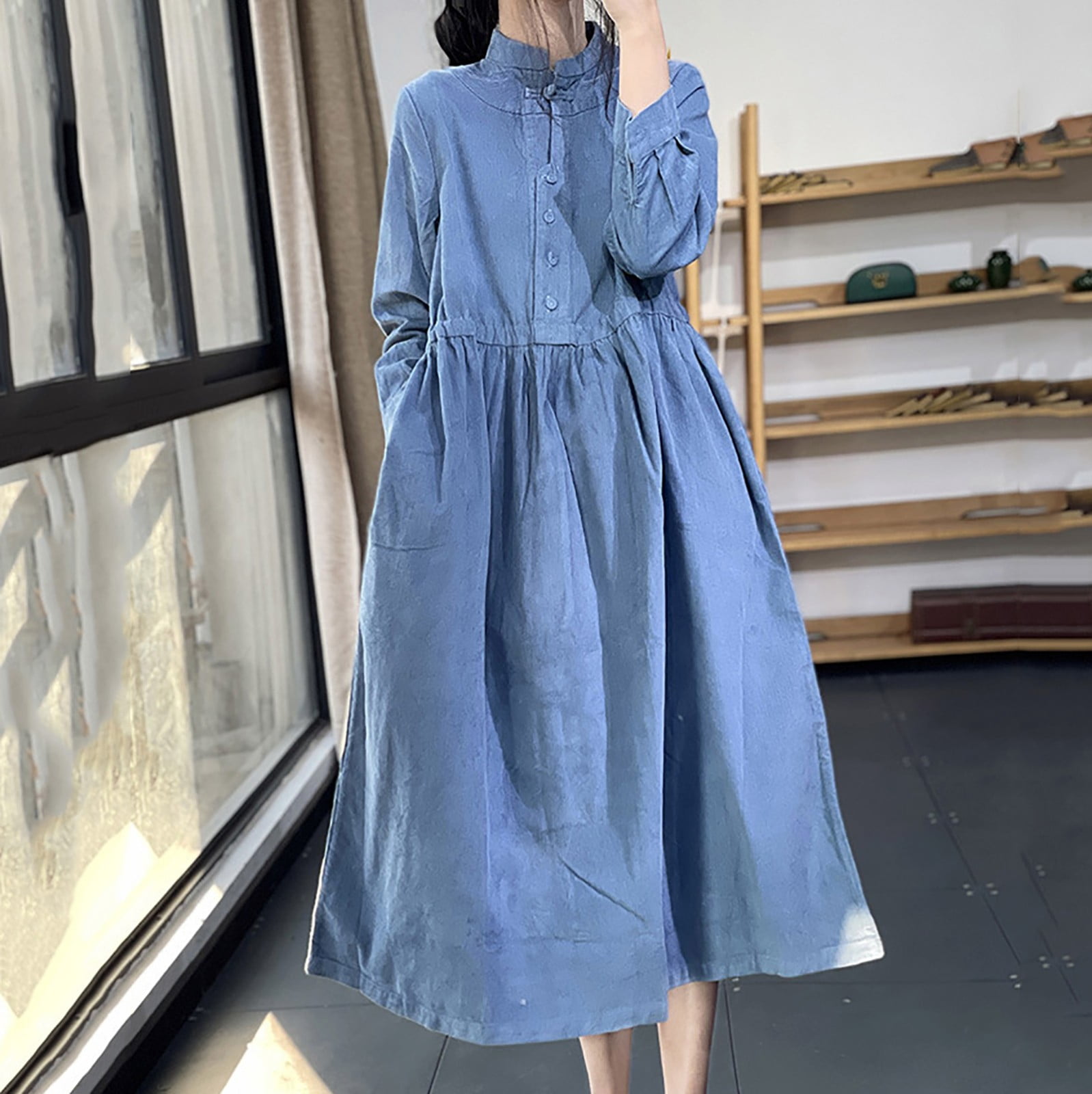 QUNYINEY A Line Spring Dresses for Women 2026 Corduroy Blue Long Sleeve ...