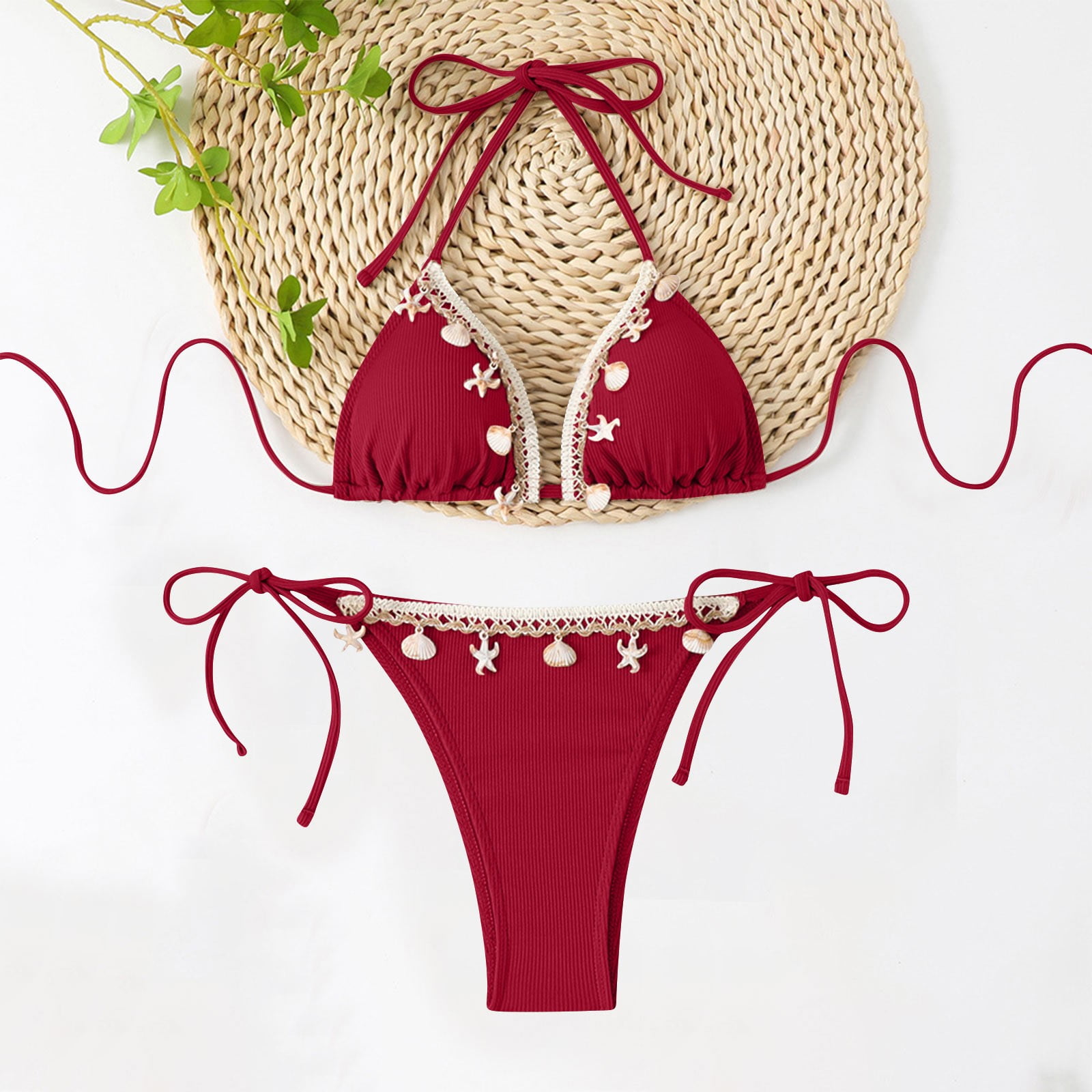 QUNYINEY Bikinis Womens Swimsuits Red High Waist Bathing Suit Triangle ...