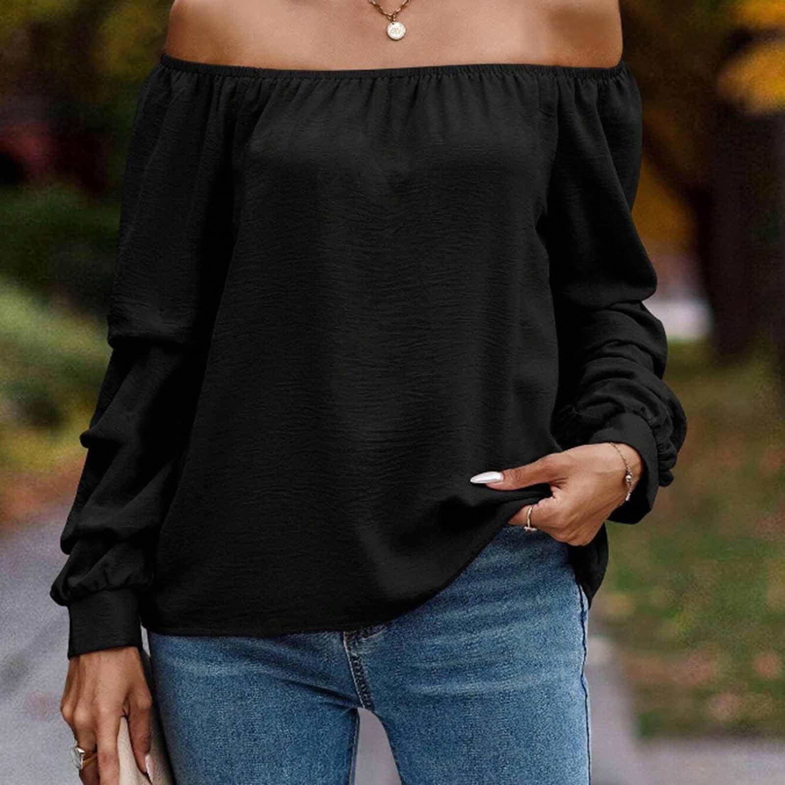 QUNYINEY Black Blouse for Women Long Sleeve Solid Casual Boat Neck ...