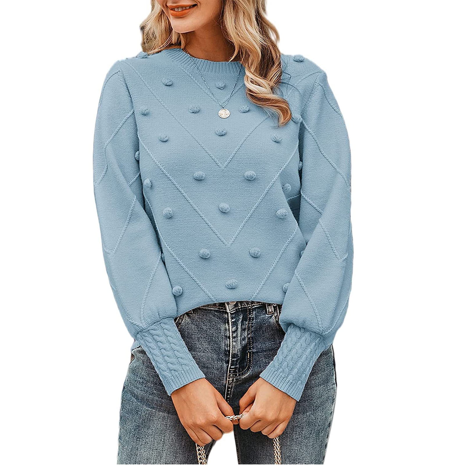 QUNYINEY Blue Women Sweaters Crew Neck Pullover Cable Knit Solid Tops ...
