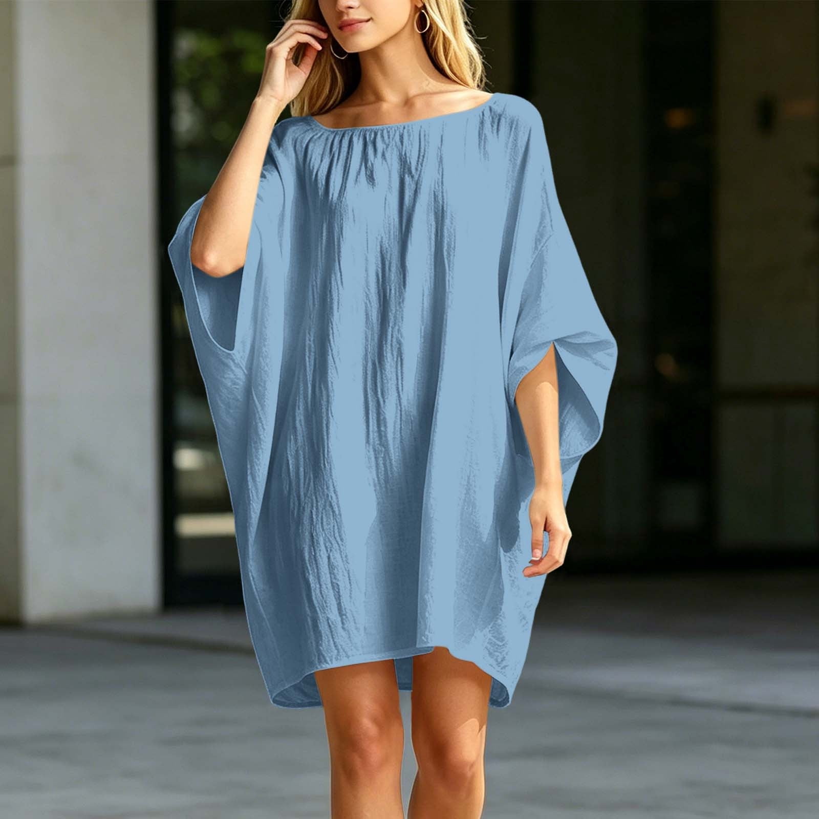 QUNYINEY Blue Womens Summer Dresses Batwing Short Sleeve Midi Cotton ...
