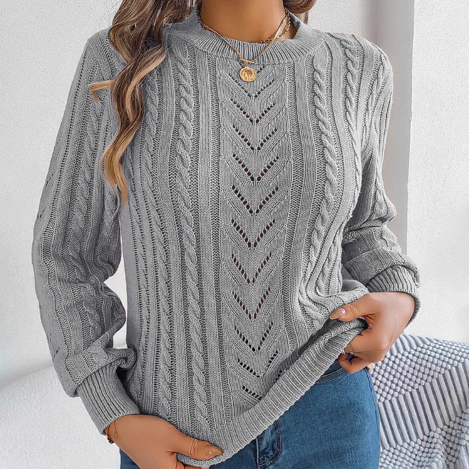 QUNYINEY Cable Knit Fall Sweaters for Women Gray Solid Crew Neck ...