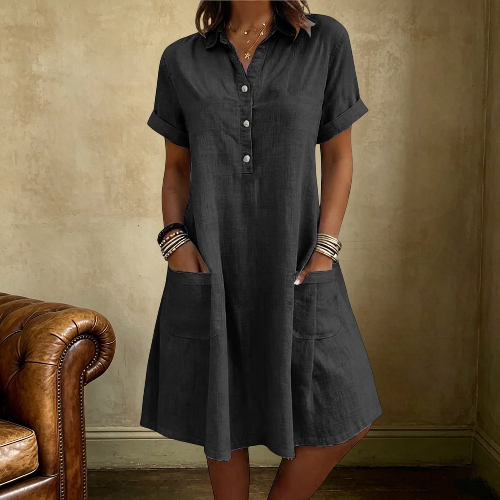 QUNYINEY Casual Summer Dresses for Women Cotton Linen Black Midi Short ...