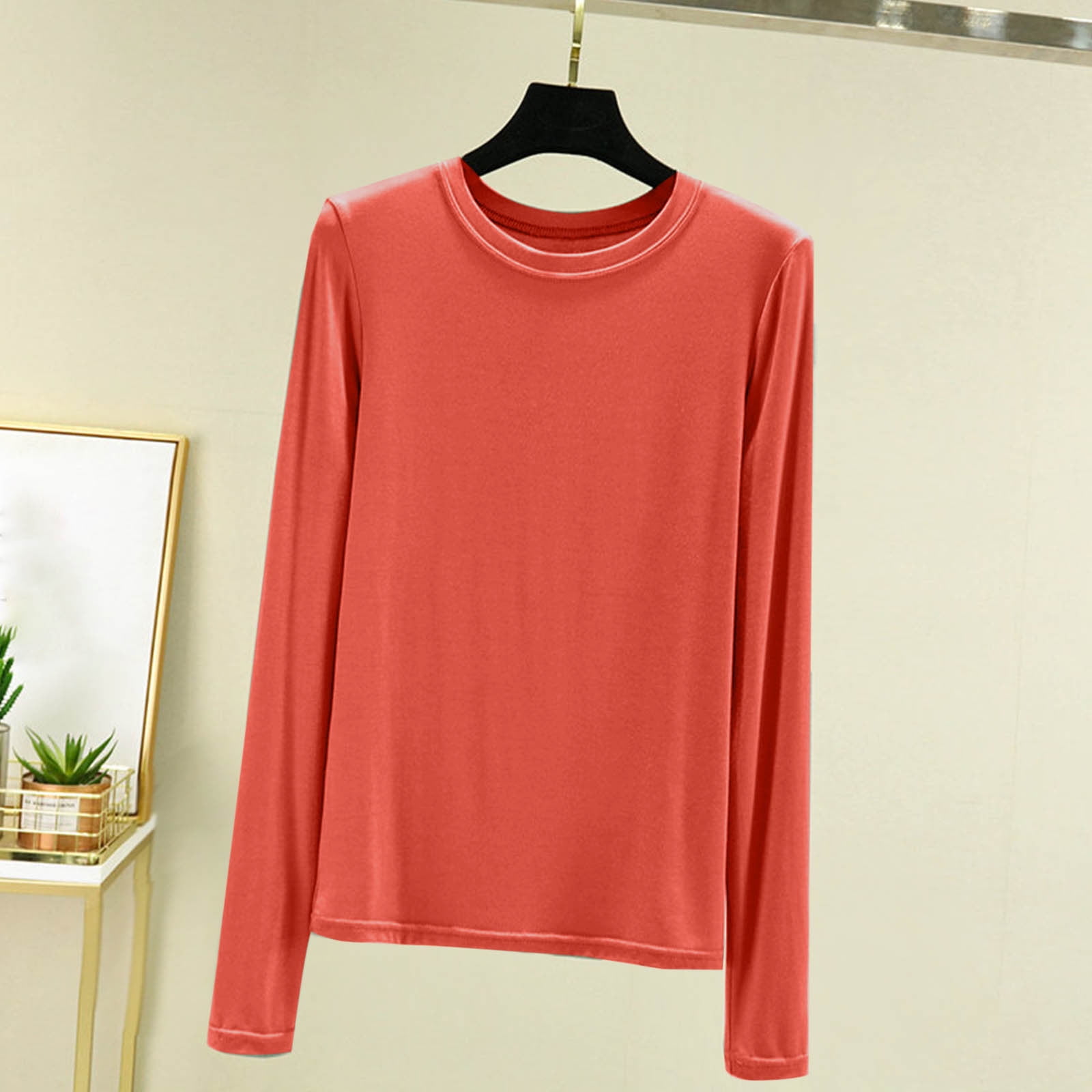 QUNYINEY Casual T Shirts for Women Crew Neck Red Long Sleeve Solid Tops ...