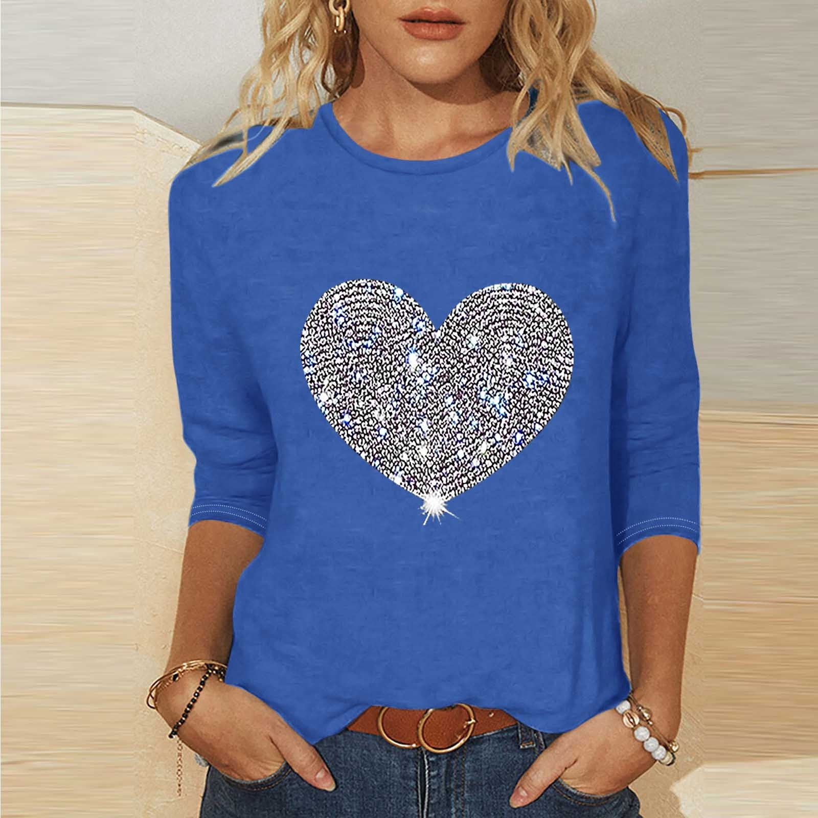 QUNYINEY Casual Women Shirts Crew Neck 3/4 Sleeve Love Heart Blue Tops ...