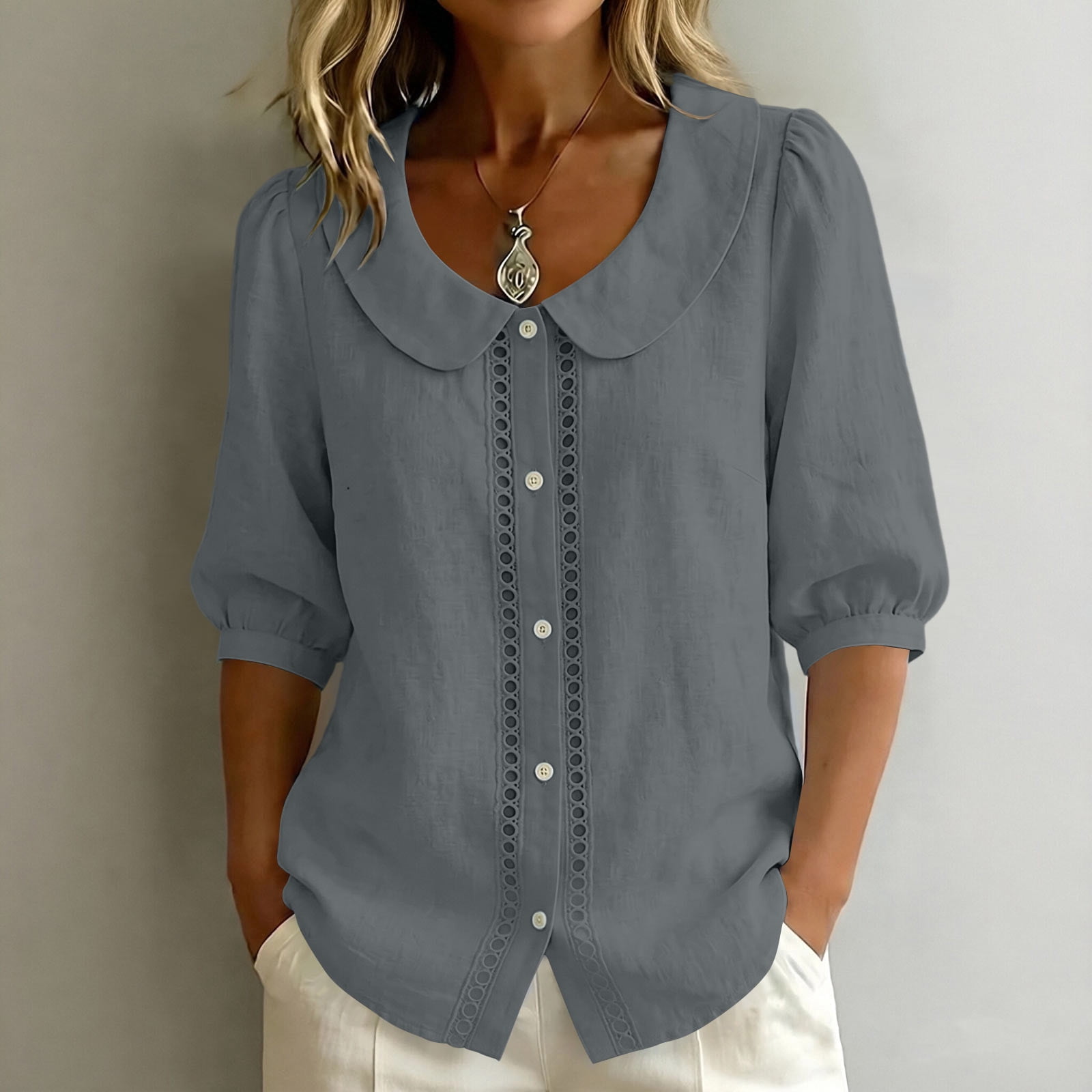 QUNYINEY Cotton Linen Button Up Shirts for Women Short Sleeve Summer ...