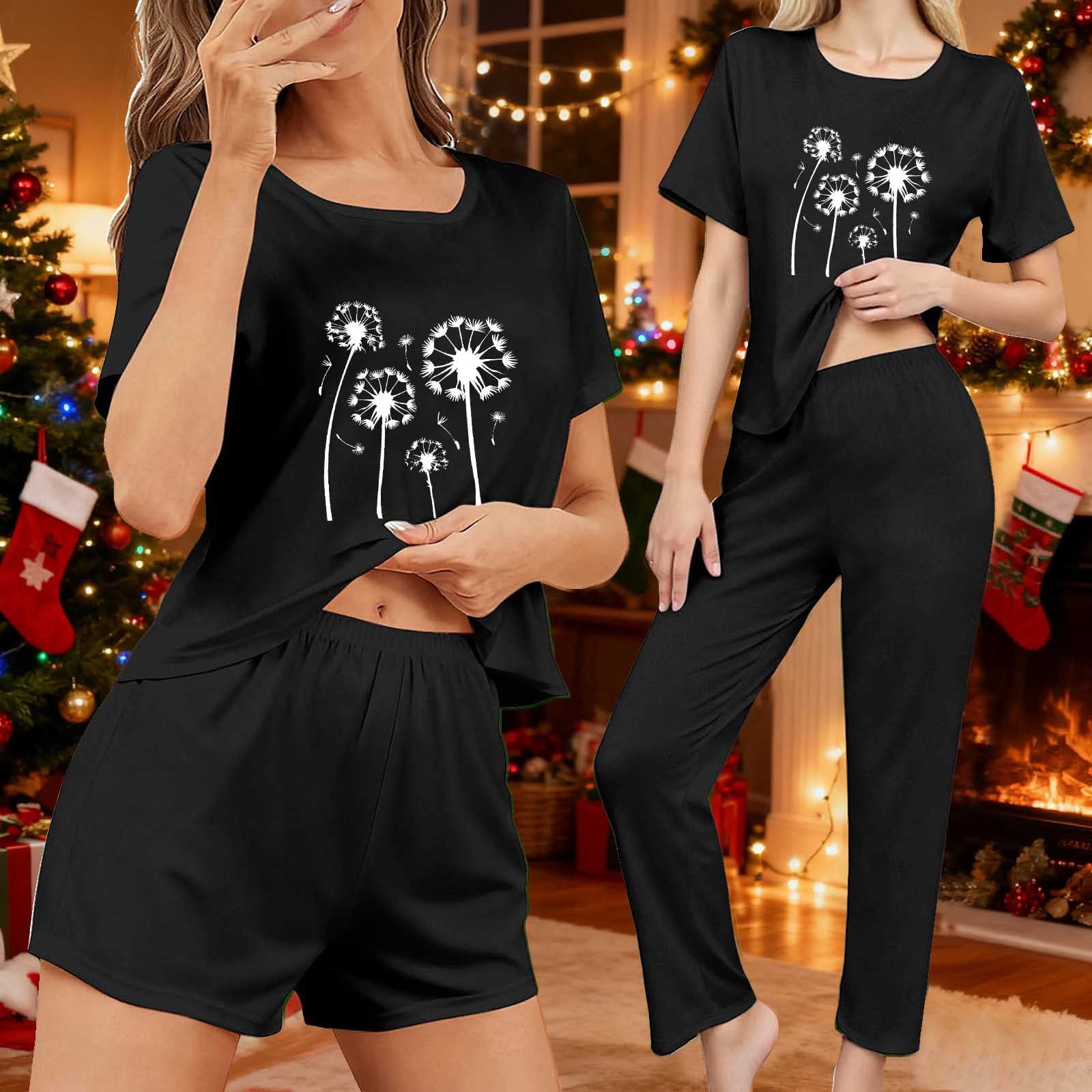 QUNYINEY Comfy Women Pajama Sets Floral Short Sleeve 3 Piece Shirts and ...