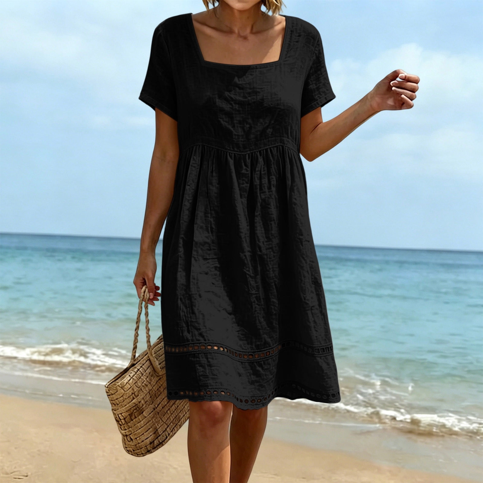 QUNYINEY Cotton Linen Womens Summer Dresses Midi Short Sleeve Black A ...